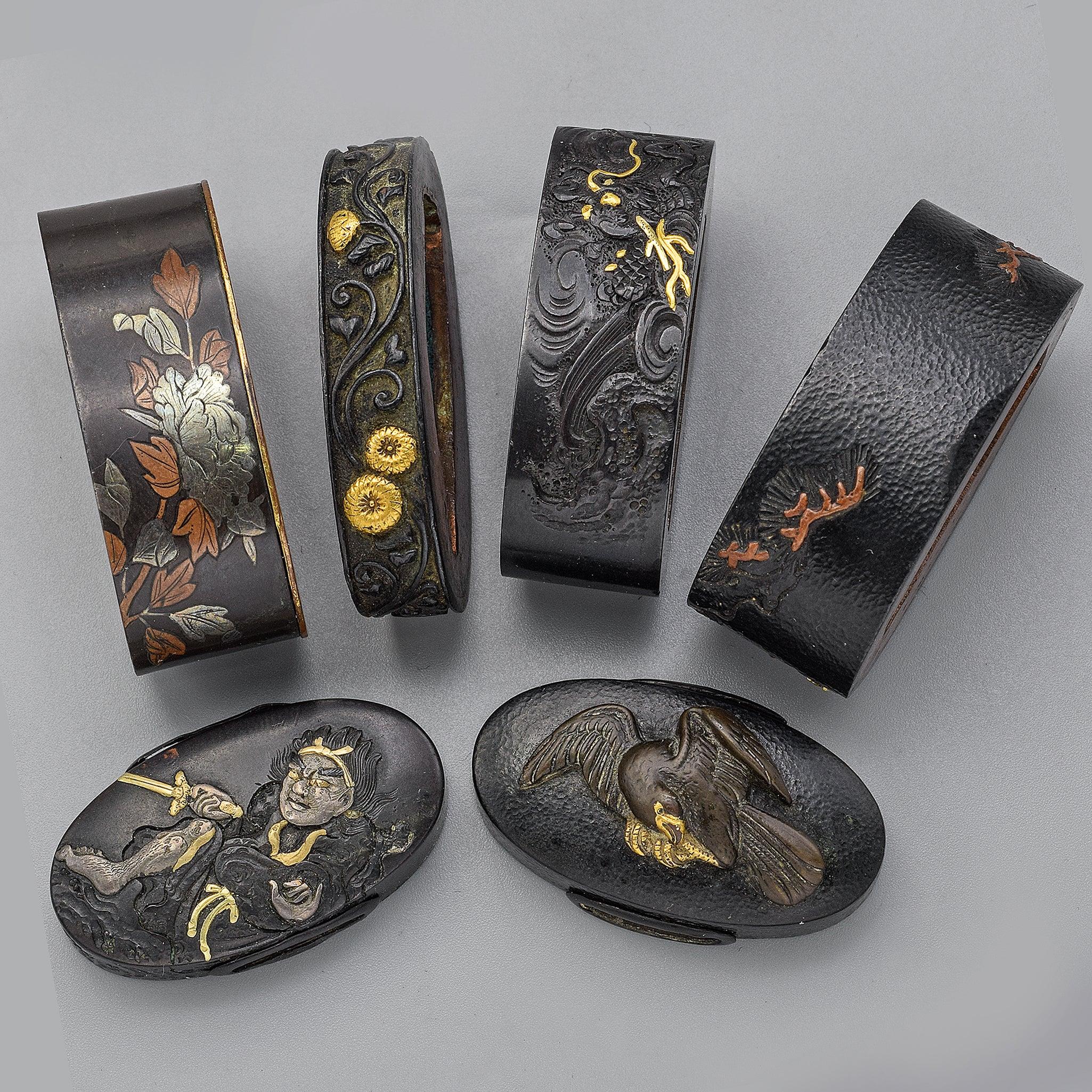 Antique Edo Meiji Taisho Period Shakudo Fuchi Gashira 6 Set Japanese S ...