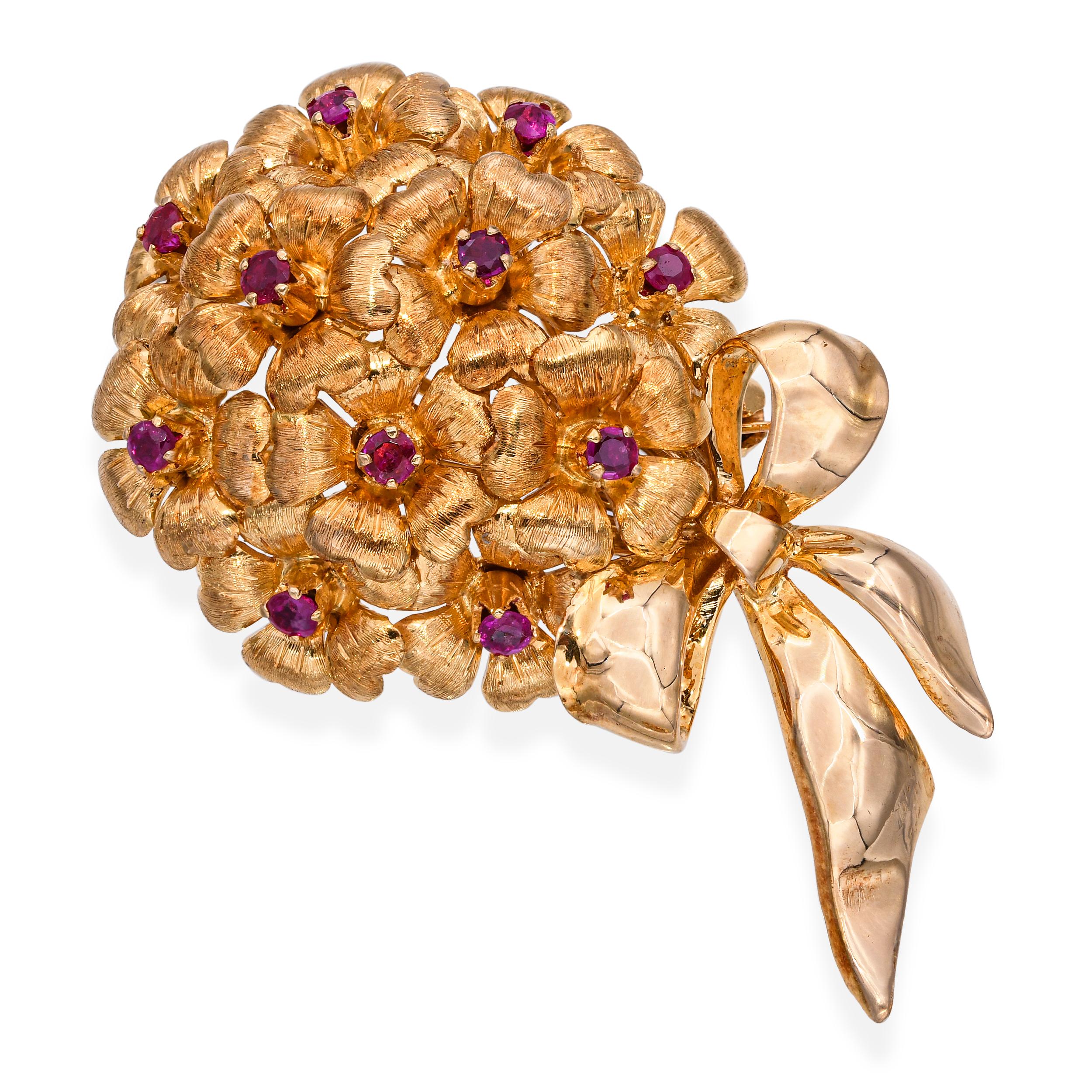 Vintage Tiffany & Co. 18k Yellow Gold Flower Bunch & Bow Ruby Brooch ...