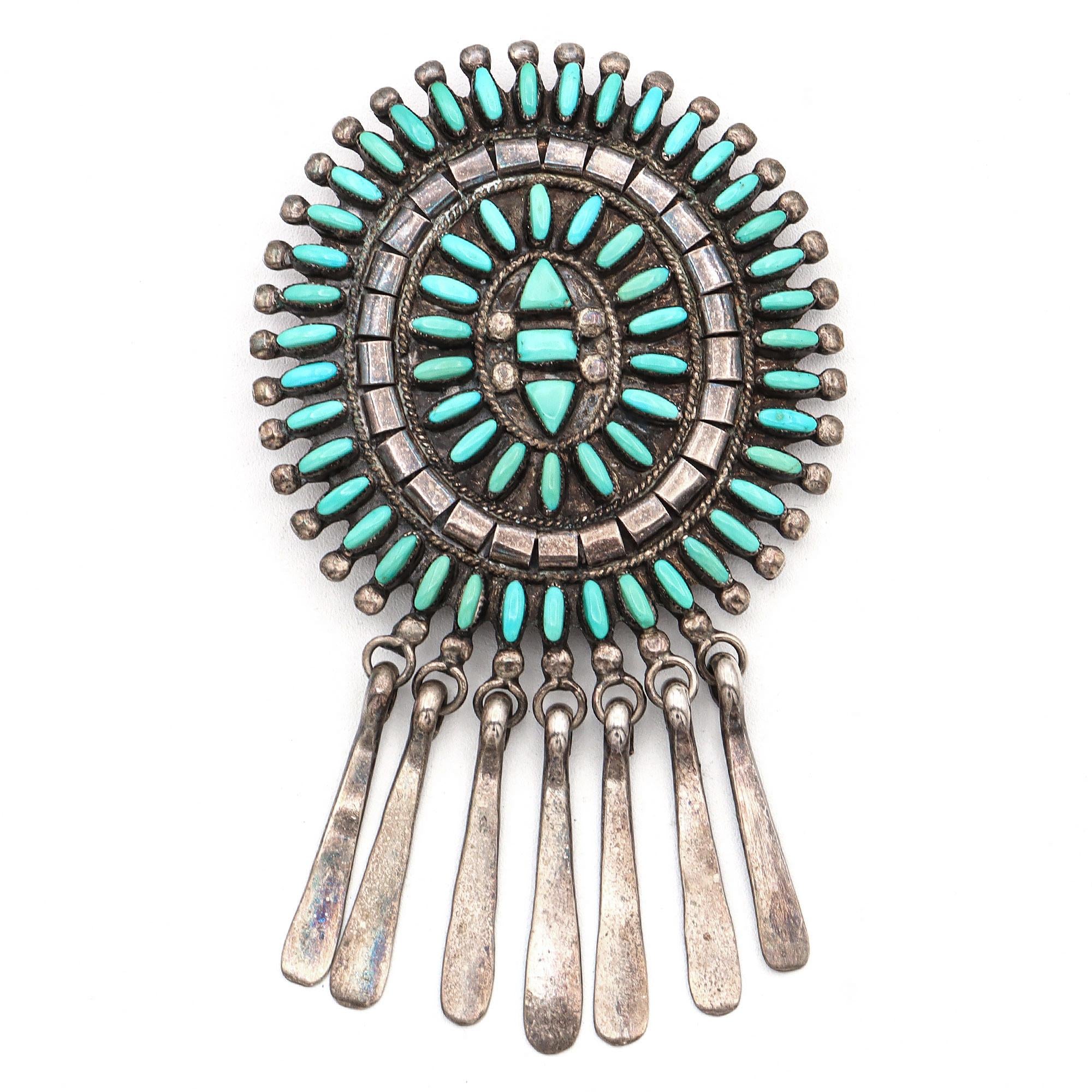 Vintage Zuni Sterling Silver Needlepoint Turquoise Cluster Brooch Pin ...