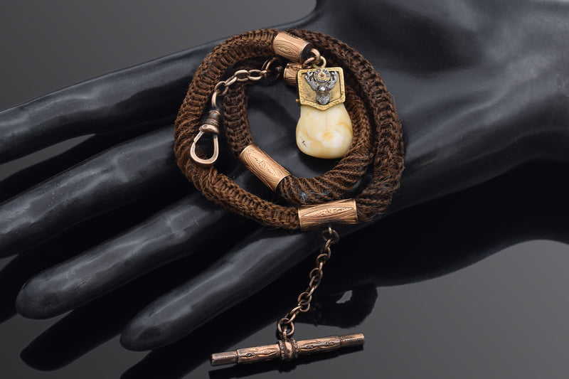 Antique GF Ruby & Elk Tooth Human Braided Hair Pocket Pocket Watch Fob ...